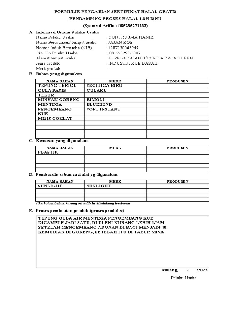 Formulir Pengajuan Sertifikat Halal Gratis | PDF