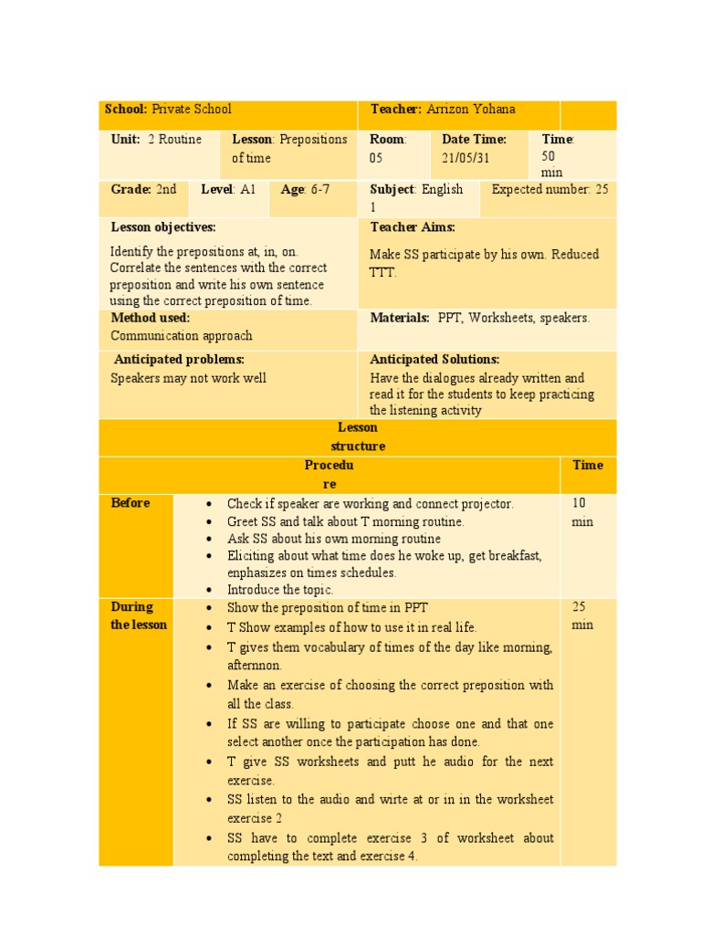 Prepositions of Time Lesson Plan | PDF | Learning | Cognitive Science