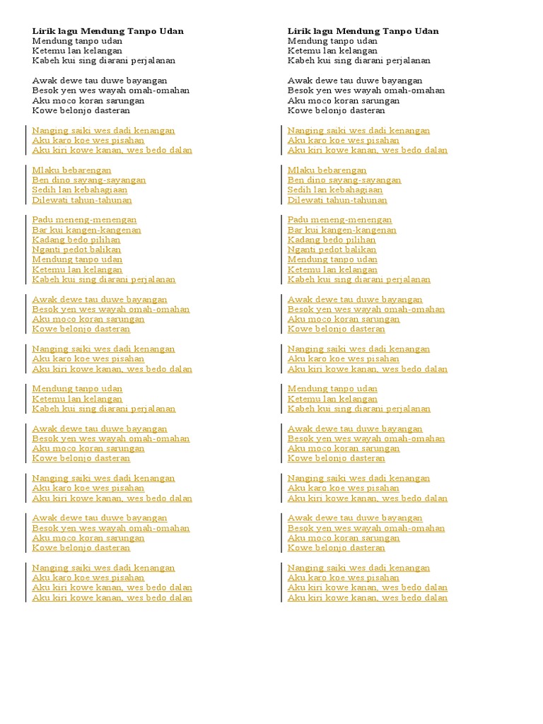 Lirik Lagu Mendung Tanpo Udan | PDF