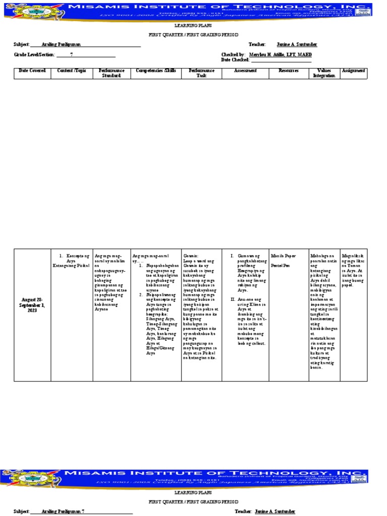 Grade 7 Learning Plan | PDF