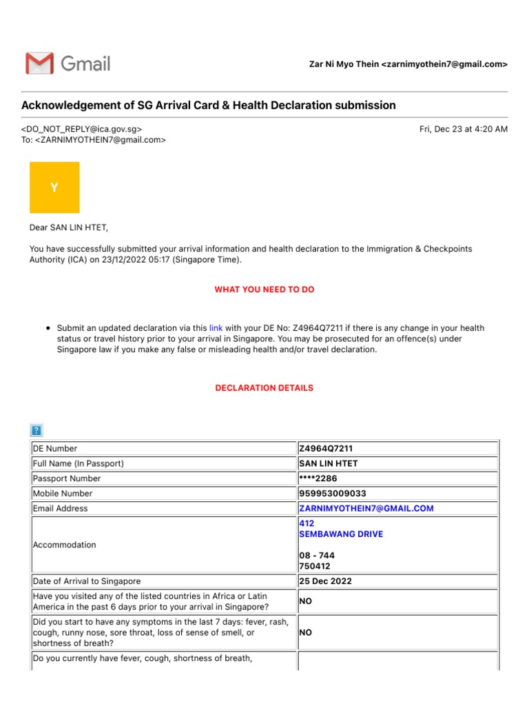 SG Arrival Card & Health Declaration Acknowledgment | PDF