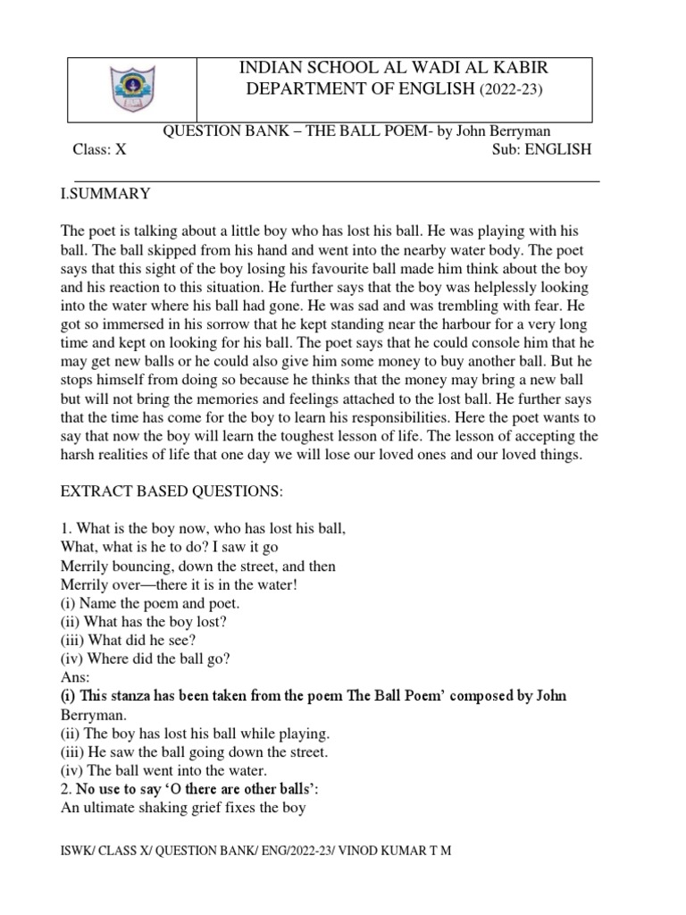 7973115-Question Bank - Ball Poem | PDF | Grief | Experience