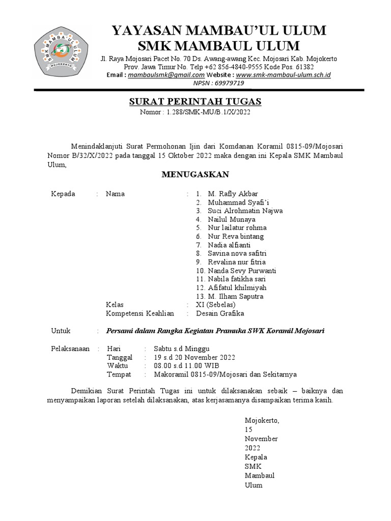 SURAT PERINTAH TUGAS SISWA | PDF