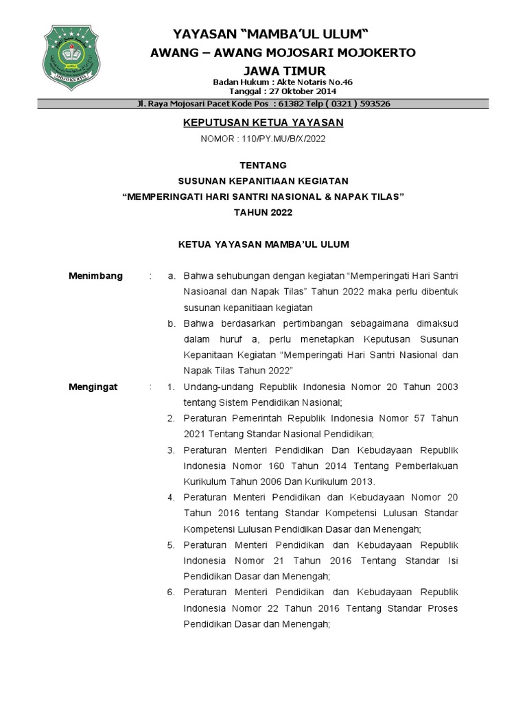 SK Kepanitaan Hari Santri & Napak Tilas 2022 | PDF