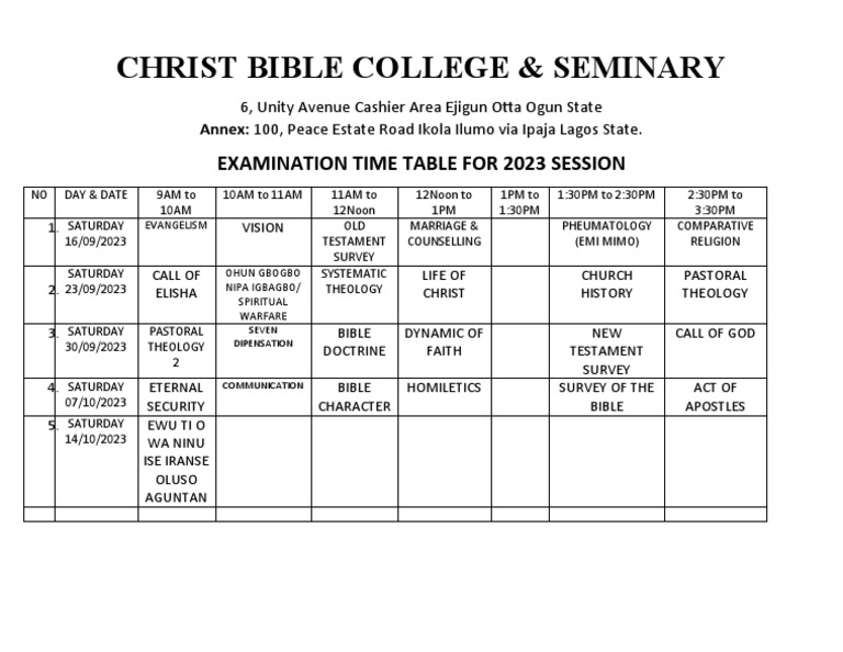 Bible College Exam Time Table | PDF | Social Science | Philosophy