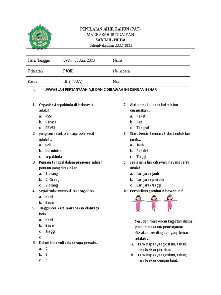 Soal PAT PJOK Kelas 3 MI | PDF