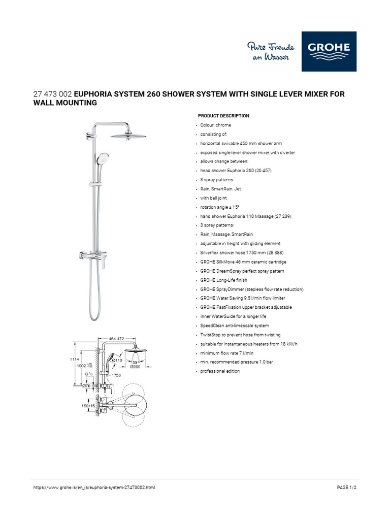 GROHE Specification Sheet 27473002 | PDF | Shower | Mechanical Engineering
