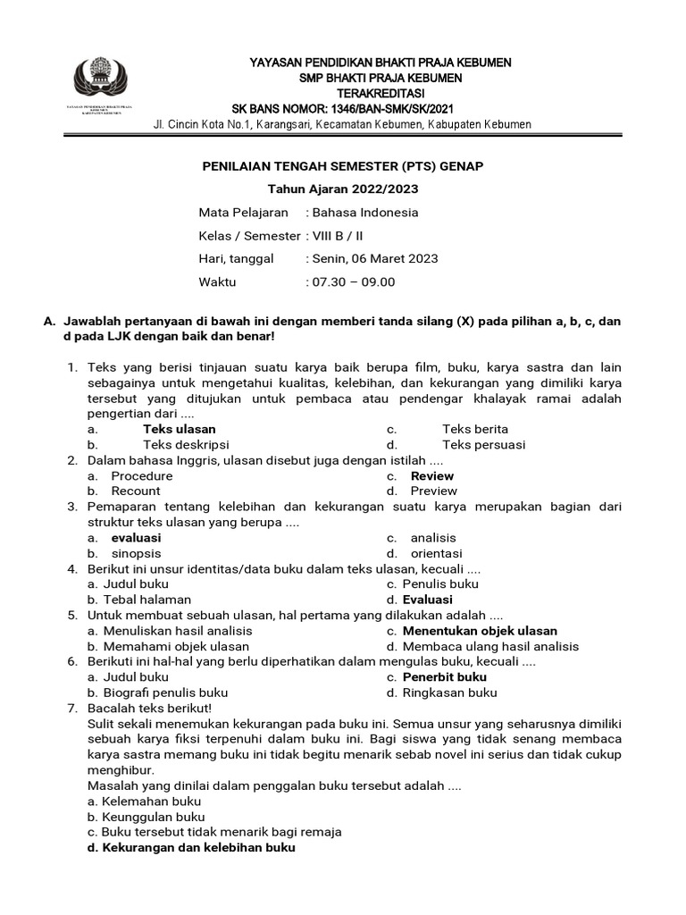 Soal PTS Indo Kelas 8 B Sem 2 2023 + Kunci Jawaban | PDF