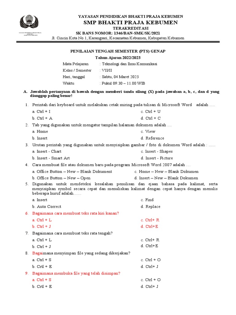 Soal PTS TIK Kelas VII SMP Bhakti Praja | PDF