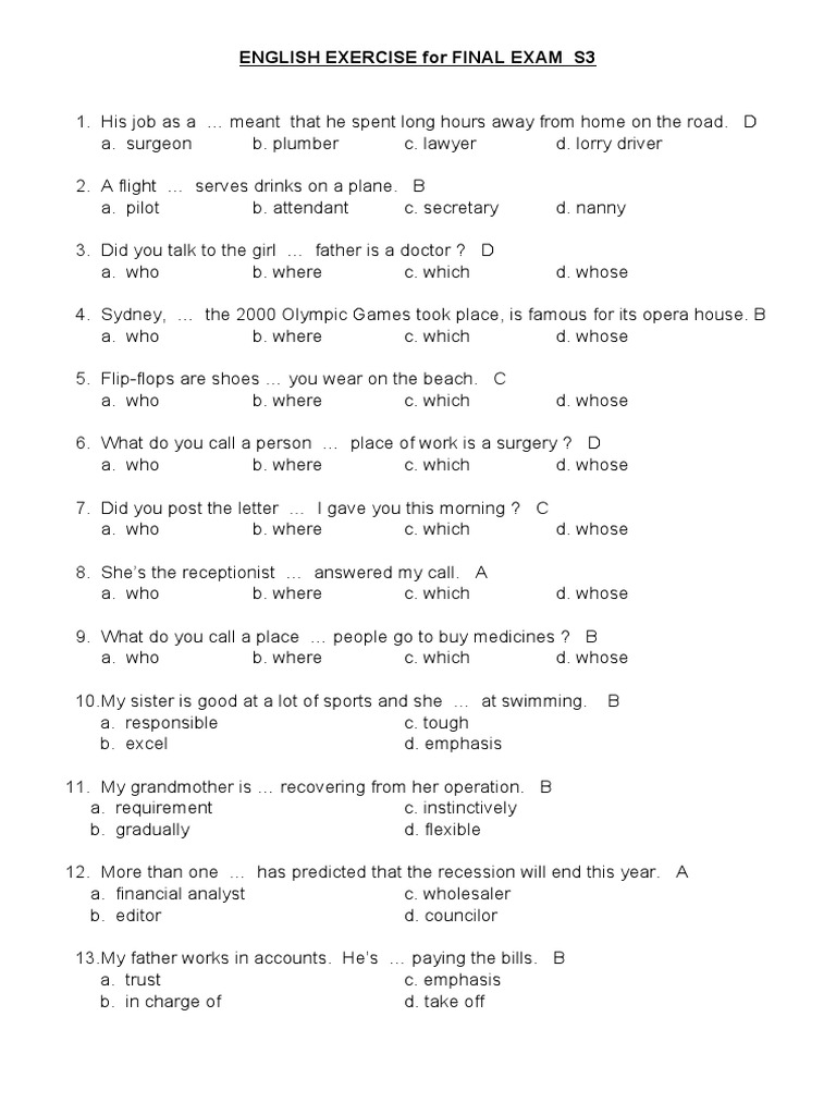 ENGLISH EXERCISE For FINAL EXAM S3 | PDF