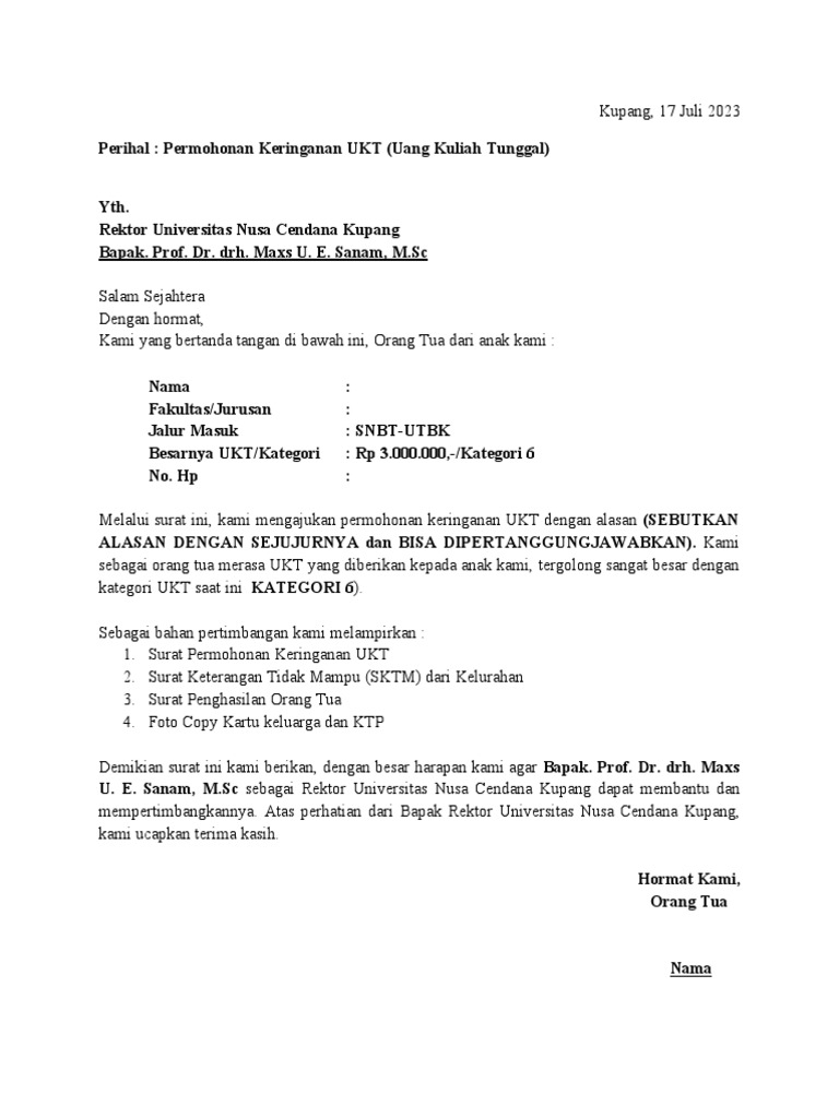 Surat Keringanan Ukt Undana 2023 | PDF