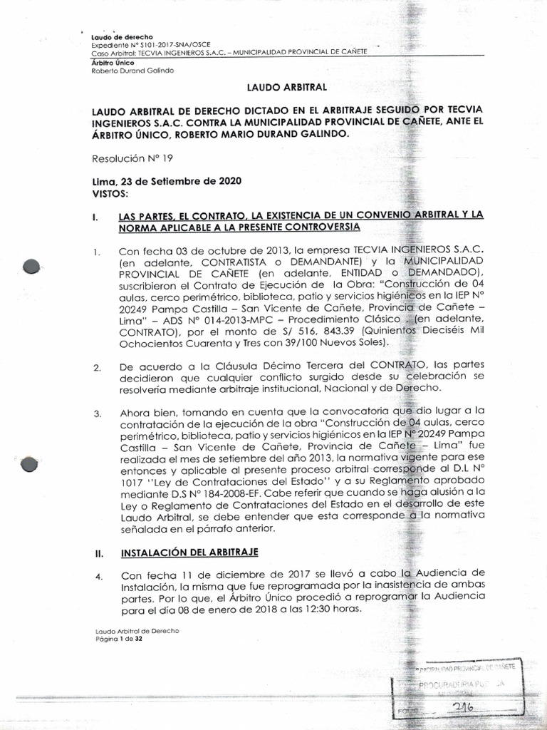Laudo Arbitral: TECVIA vs. Municipalidad Cañete | PDF