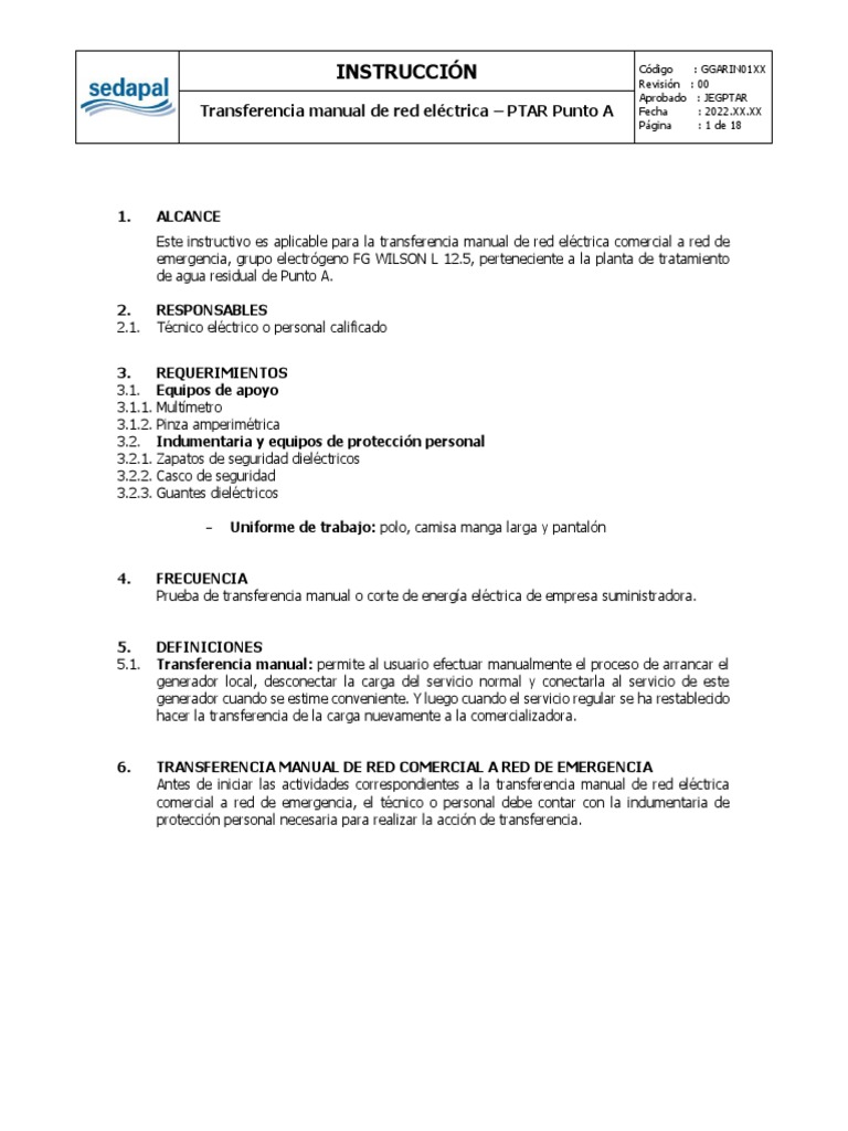 Instructivo de Tranferencia Manual de Red Eléctrica - PTAR Punto A | PDF
