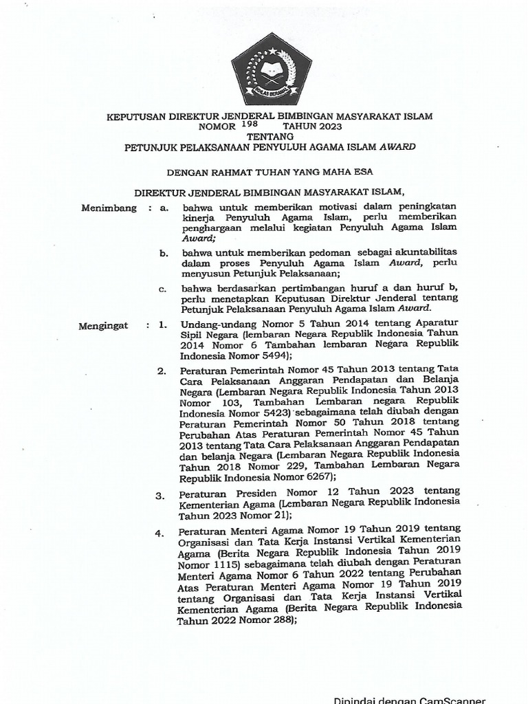 Kepdirjen Bimas Islam Nomor 198 Tahun 2023 | PDF