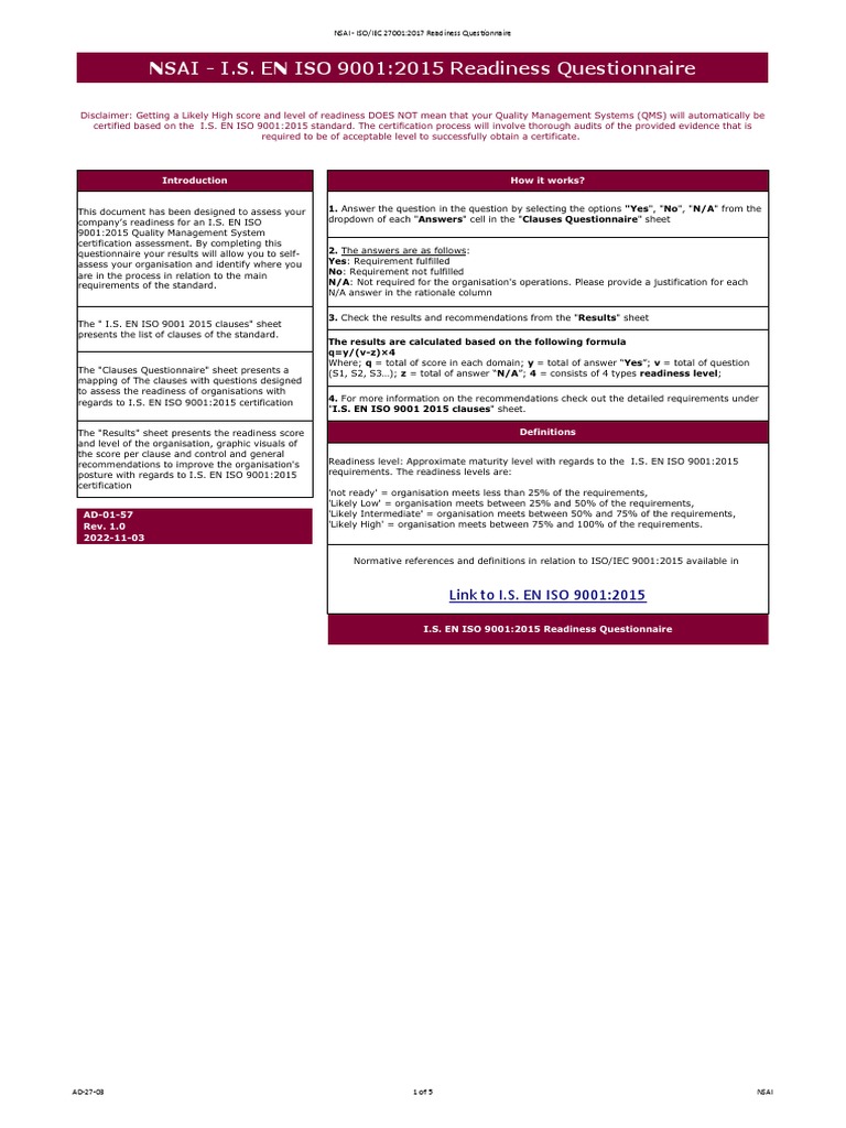 AD-01-57 - NSAI ISO 9001 Readiness Questionnaire - Rev 1.0 | PDF | Risk ...