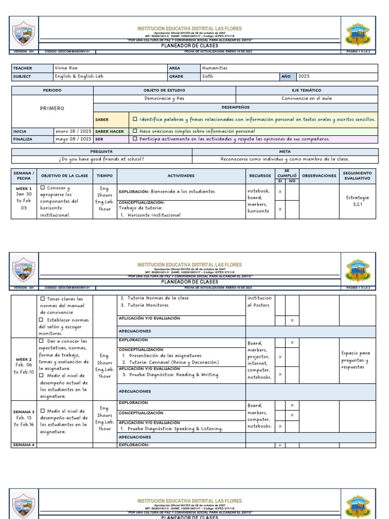 English Lesson Plans 6th VRoa Marking Period 1 PDF | PDF