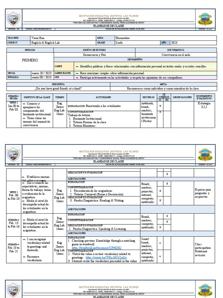 English Lesson Plans 6th VRoa Marking Period 1 | PDF | Colombia