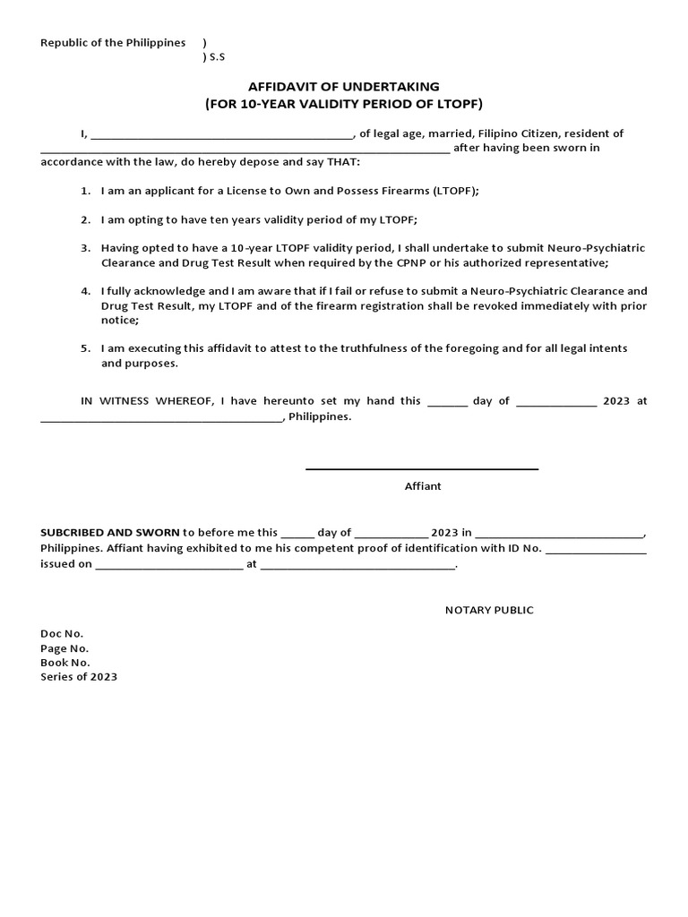 DARC FEO Affidavit of Undertaking 10yr LTOPF | PDF
