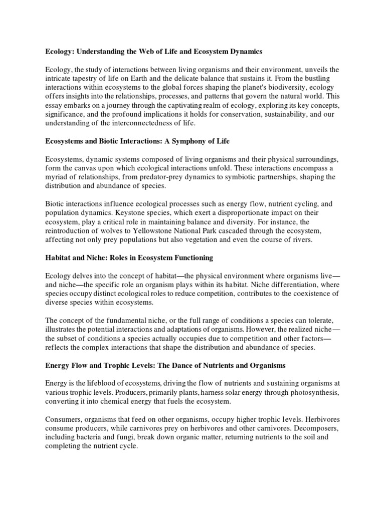 Ecology Essay - Understanding The Web of Life and Ecosystem Dynamics ...
