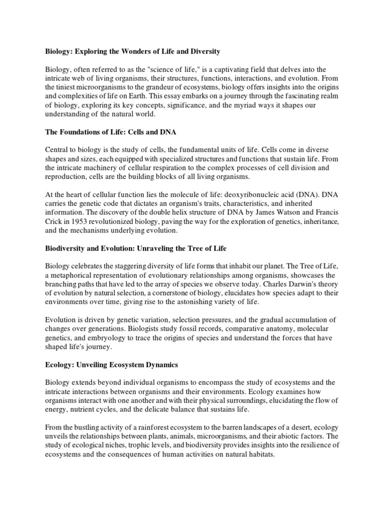 Biology Essay - Exploring The Wonders of Life and Diversity | PDF ...
