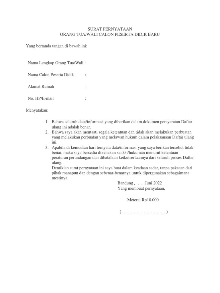 Surat Pernyataan Ortu CPD | PDF