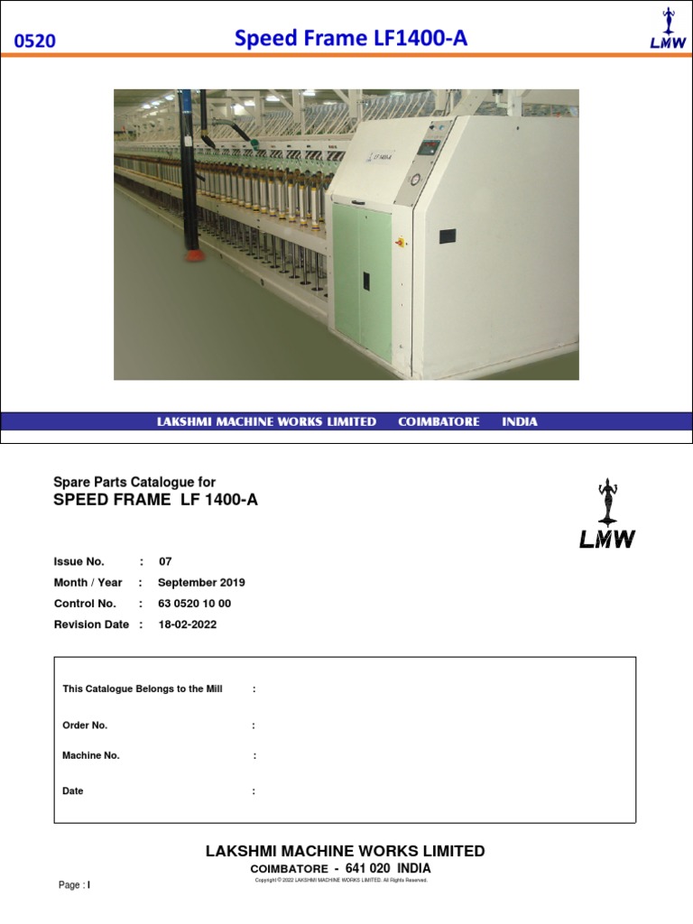 Speed Frame LF1400-A: Lakshmi Machine Works Limited Coimbatore India ...
