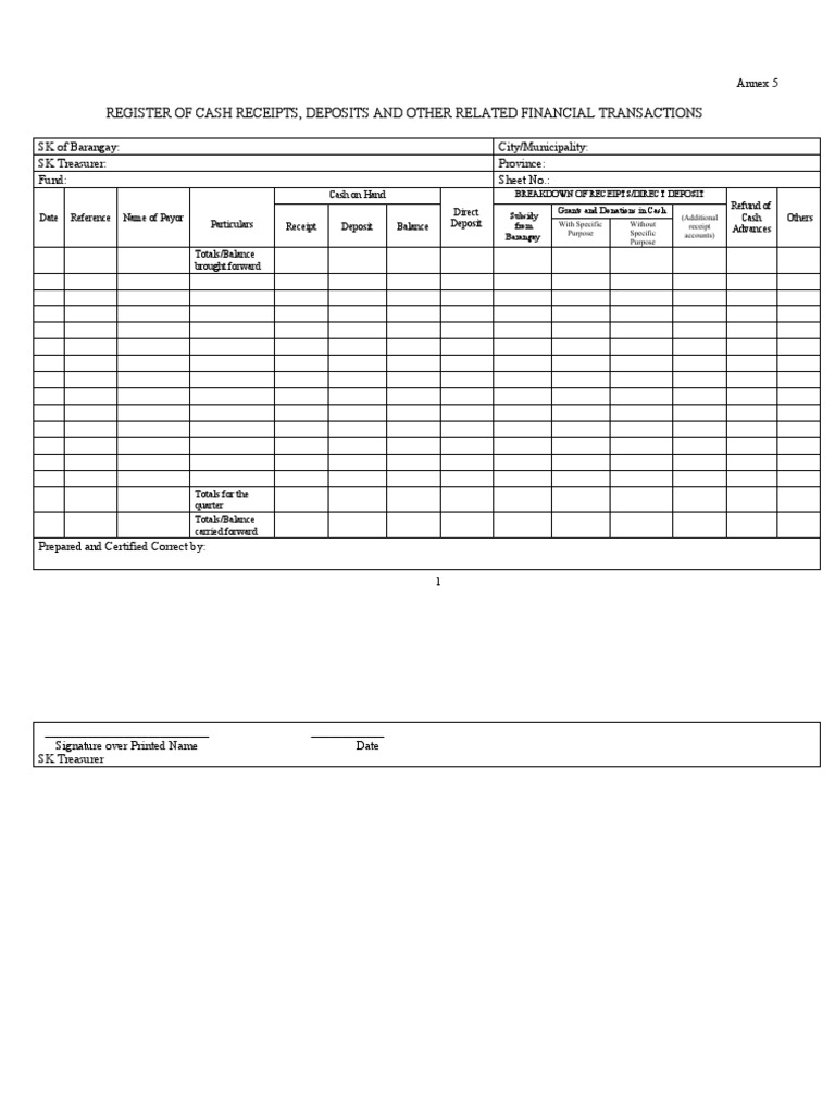 Annex 5-REGISTER OF CASH RECEIPTS, DEPOSITS AND OTHER RELATED FINANCIAL ...