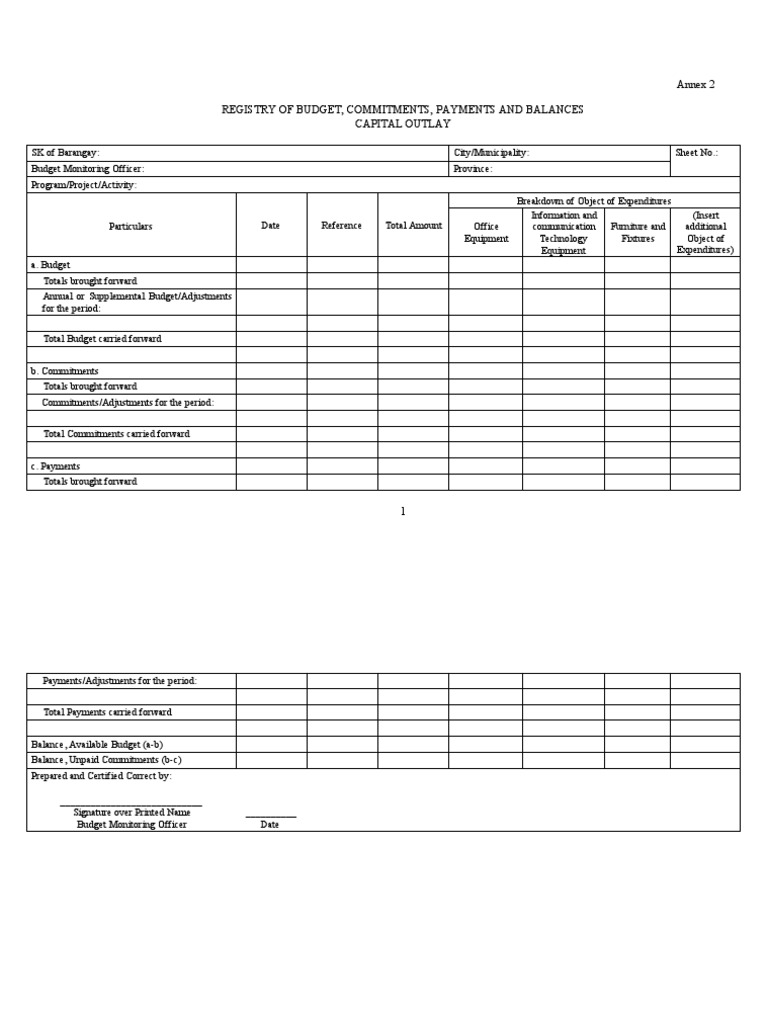 Annex 2-REGISTRY OF BUDGET, COMMITMENTS, PAYMENTS AND BALANCES | PDF | Budget | Business