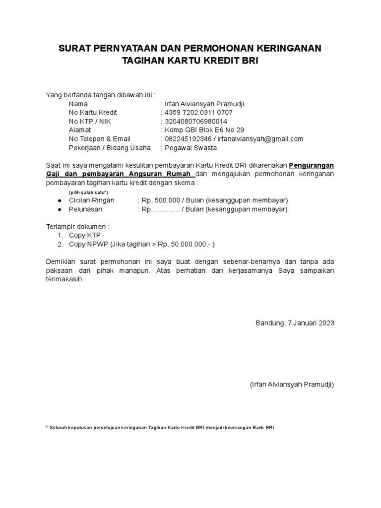 Surat Pernyataan Dan Permohonan Keringanan Tagihan Kartu Kredit Bri | PDF
