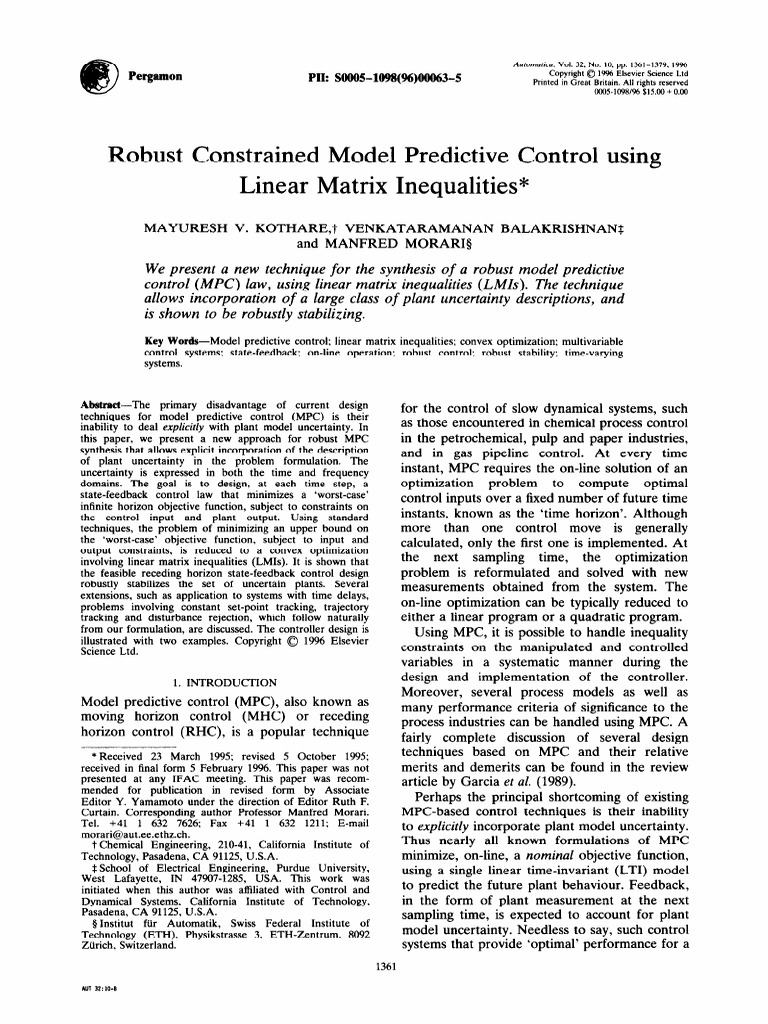 1996 - Robust Constrained Model Predictive Control Using LMI | PDF 1996 - Robust Constrained Model Predictive Control Using LMI | PDF