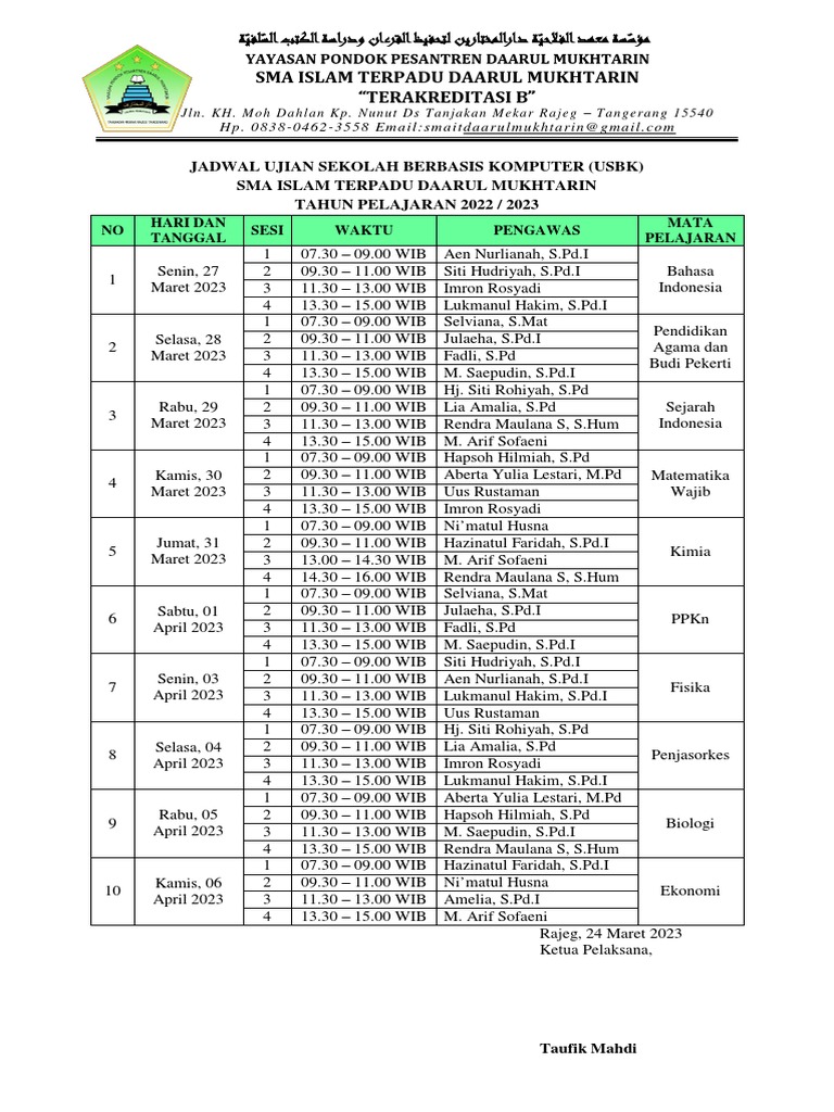 Jadwal USBK SMA Daarul Mukhtarin 2023 | PDF