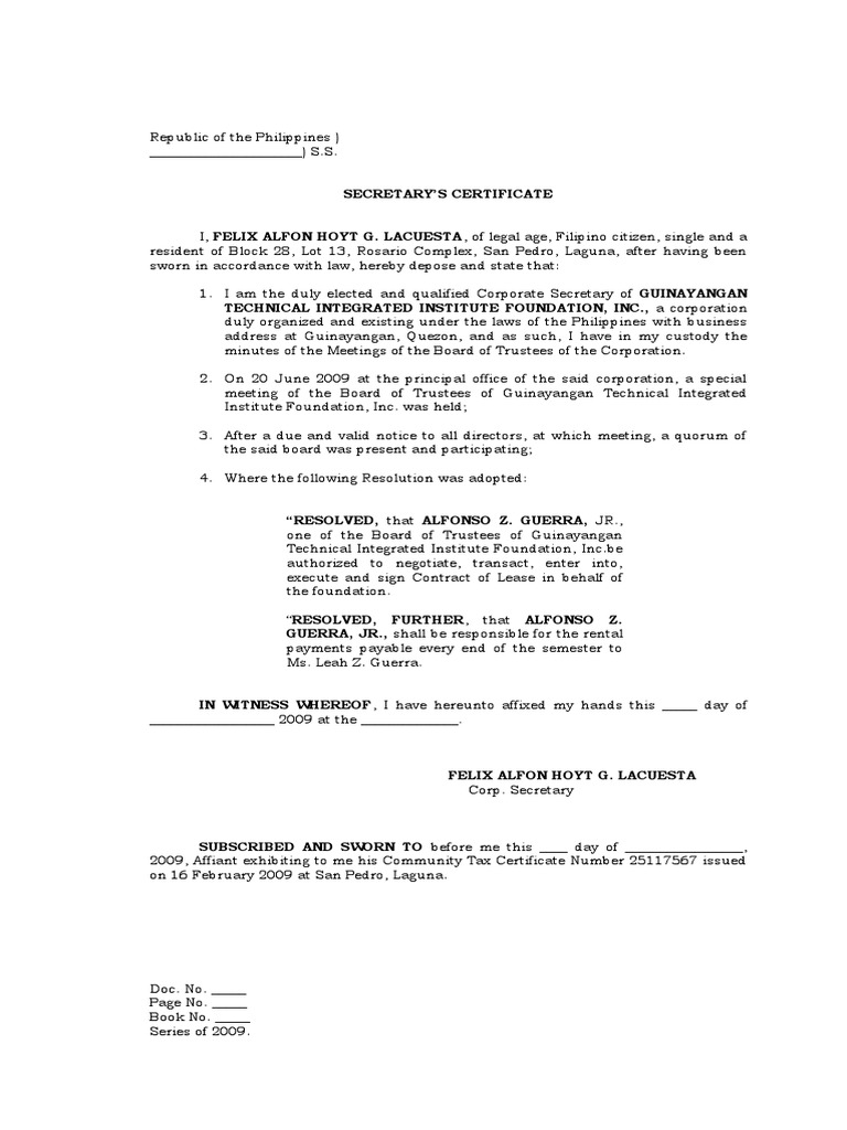 Secretary's Certificate for Lease Authorization | PDF