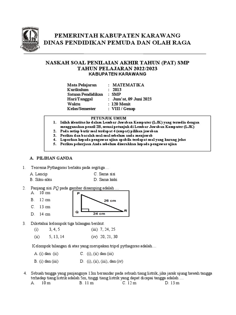 Soal Matematika KLS 8 Pat 2022-2023 | PDF