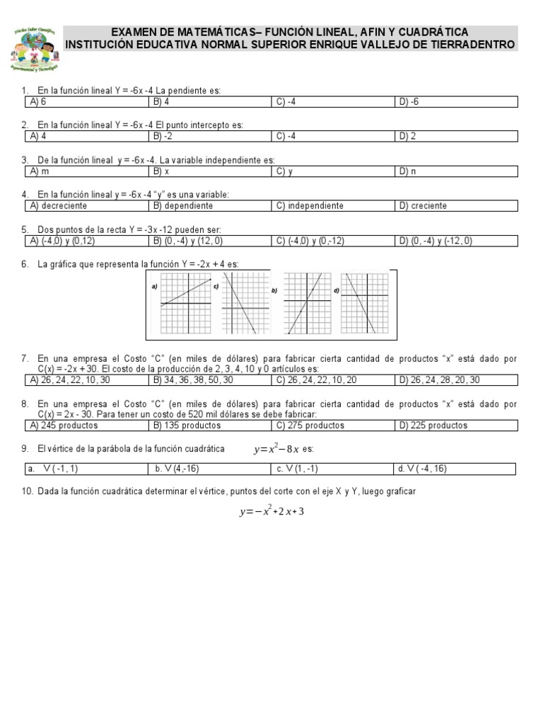 Examen Funcion Lineal y Cuadratica | PDF | Función (Matemáticas) | Análisis matemático