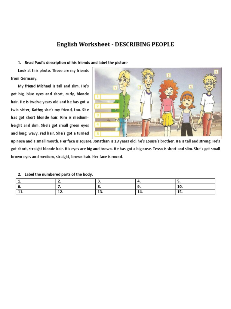 English Worksheet - DESCRIBING PEOPLE: 1. Read Paul's Description of ...