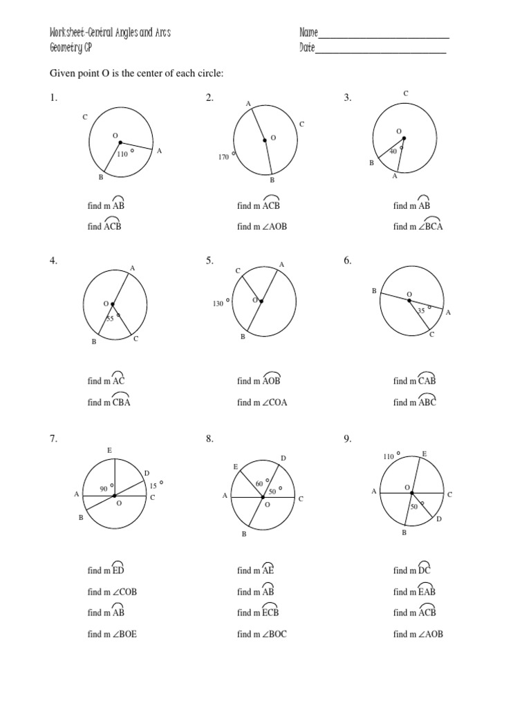 Arcs And Angles Worksheet Module 3.2 Math 10 (Arcs, Central Angles,