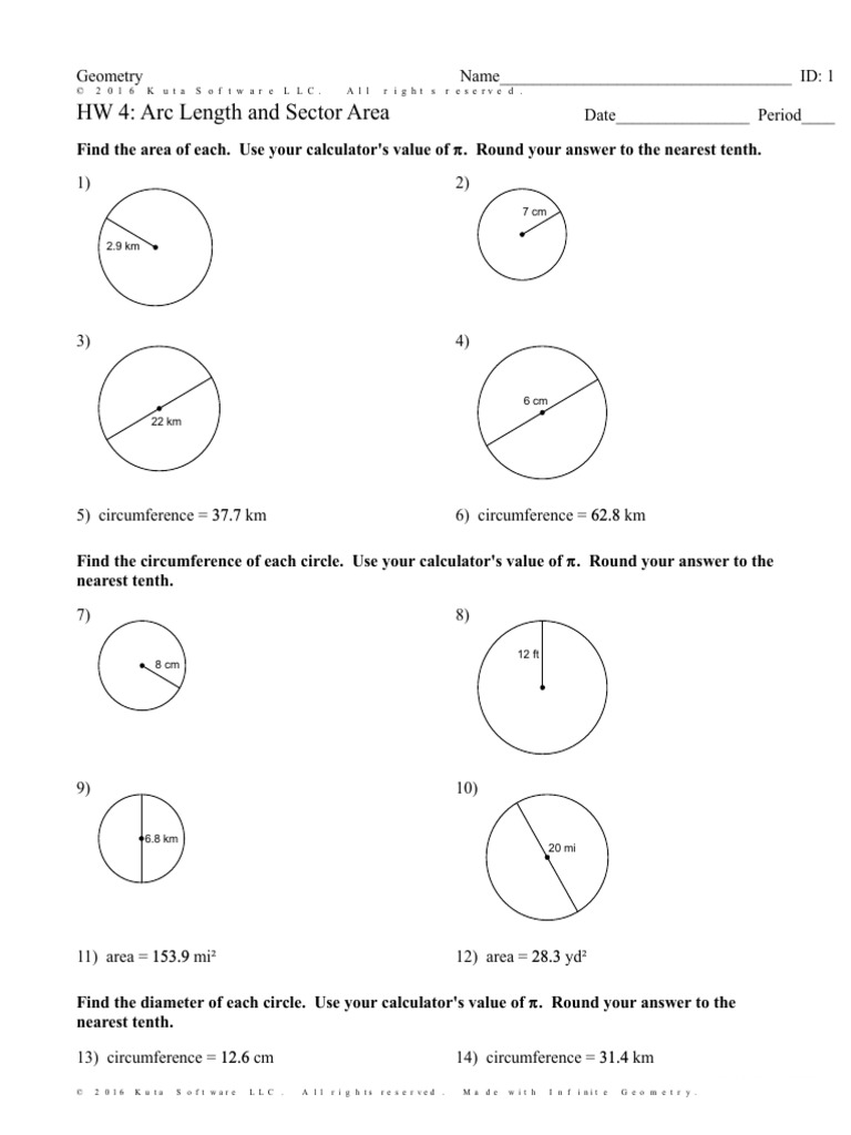 HW 4 Arc Length and Sector Area | PDF | Area | Length