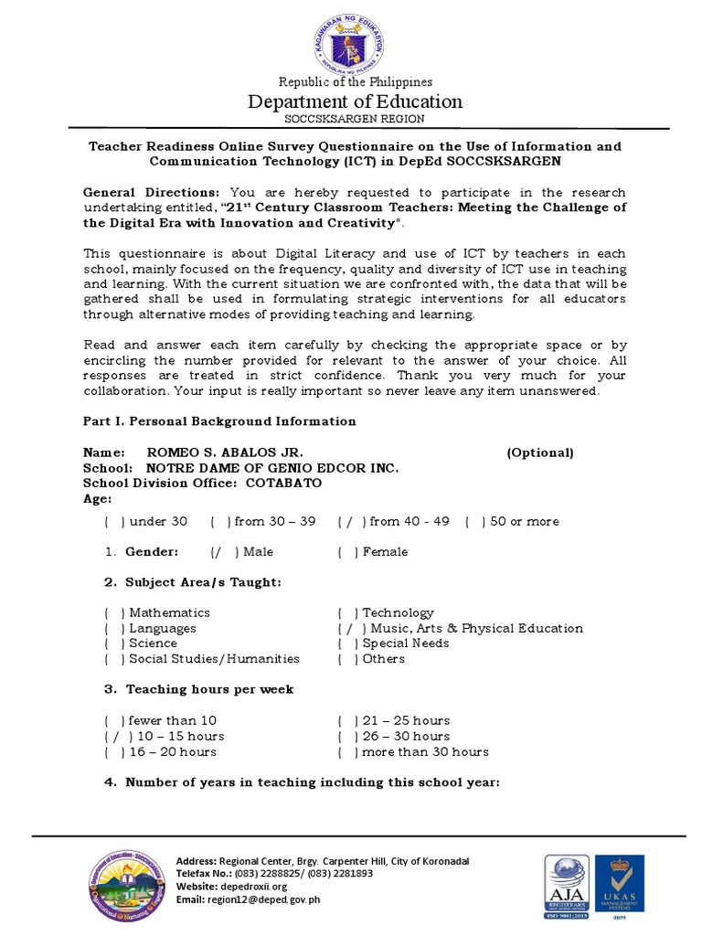 DepEd Survey Questionnaire For Teachers On ICT Readiness | PDF ...