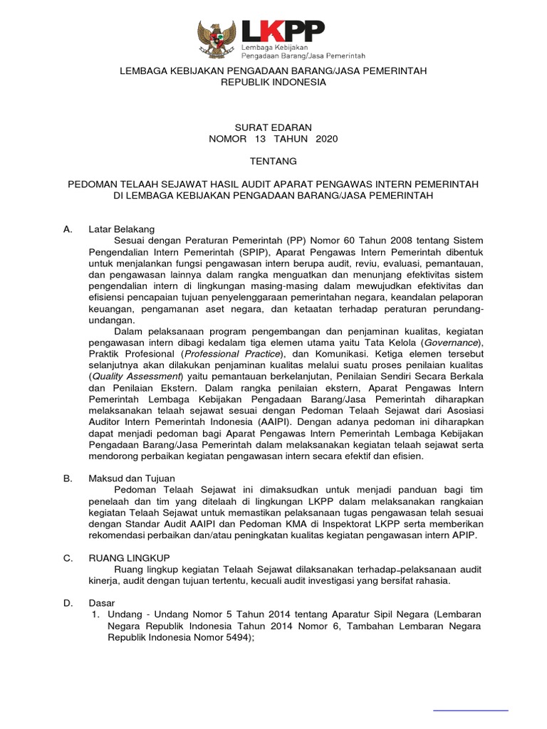 Surat Edaran Kepala LKPP Nomor 13 Tahun 2020 - 1492 - 1 | PDF