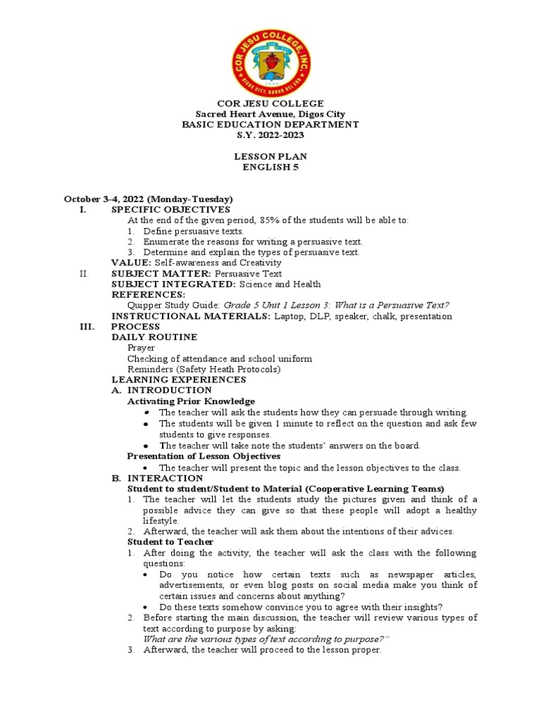 Lesson Plan English 5 Persuasive Text | PDF | Teachers | Lesson Plan