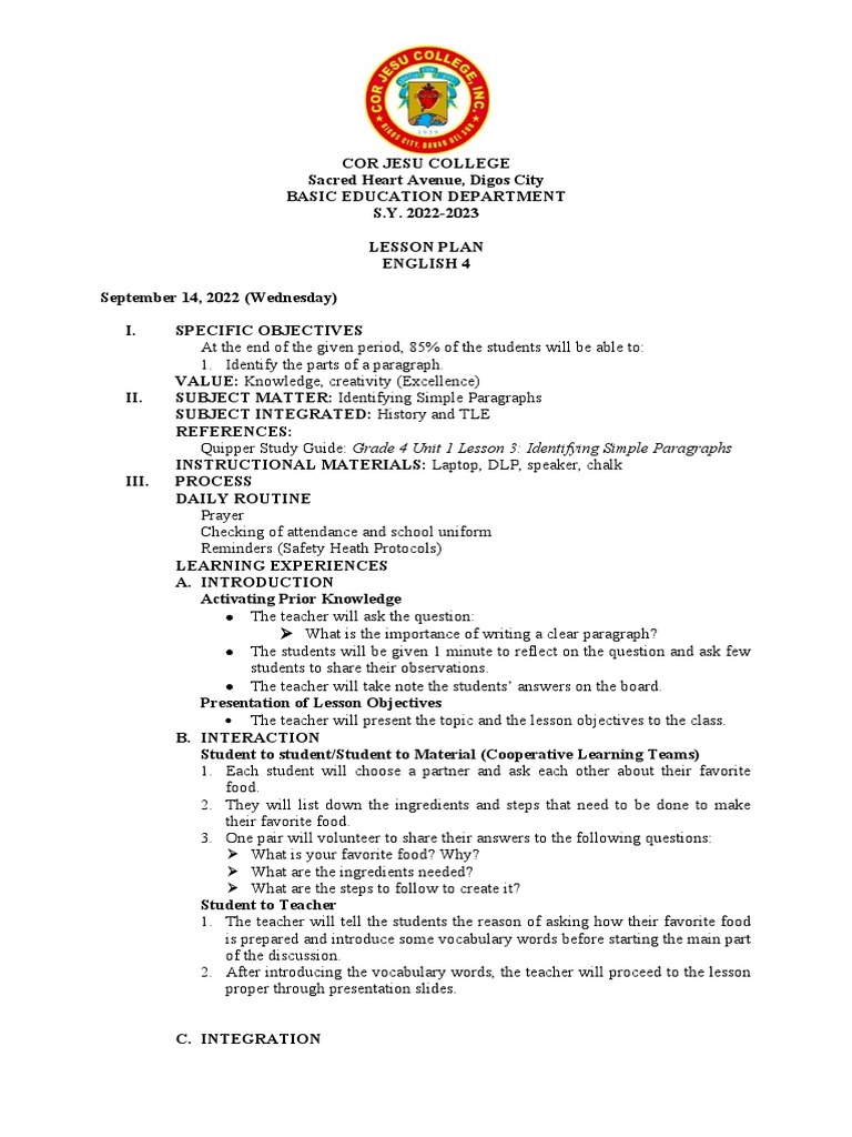 Lesson Plan English 4 Identifying Simple Paragraph | PDF | Lesson Plan ...