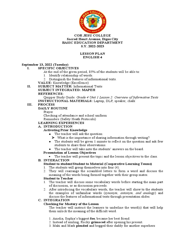Lesson Plan English 4 Informational Text | PDF | Lesson Plan | Teachers