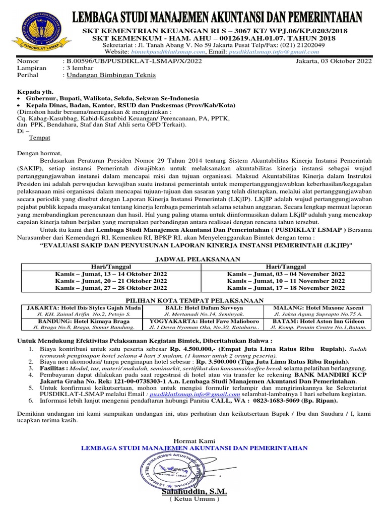 Undangan Bimtek Evaluasi Sakip Dan Penyusunan Lkjip | PDF