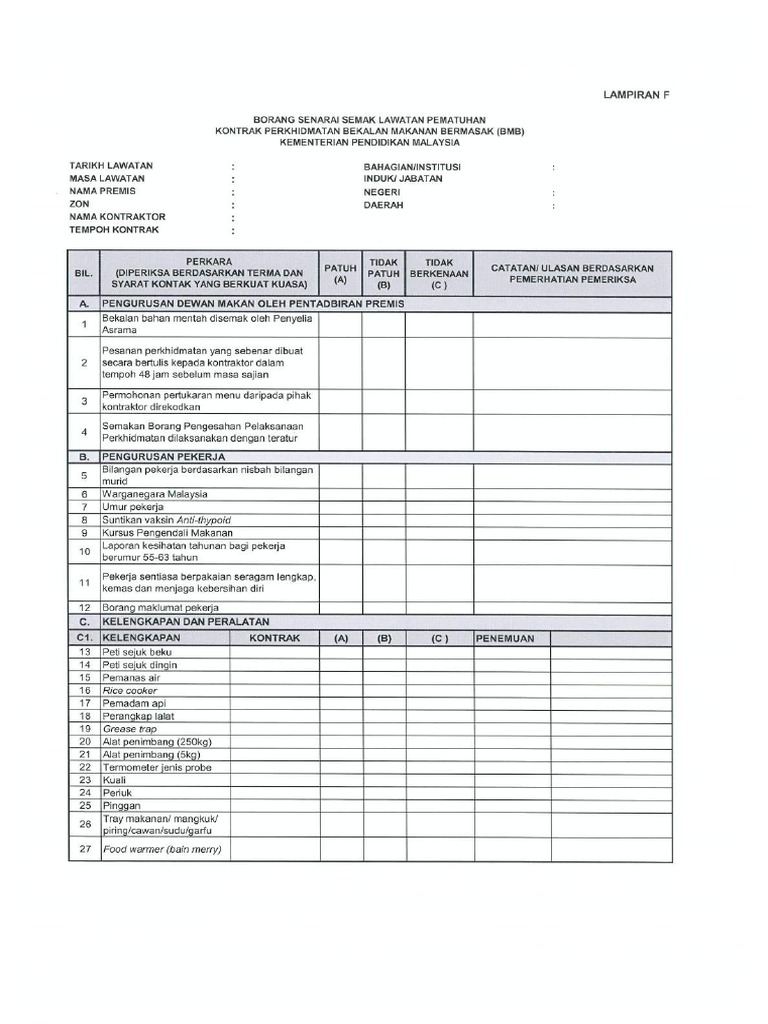 Lampiran F - Senarai Semak Lawatan Pematuhan BMB - 12052021-Compressed | PDF