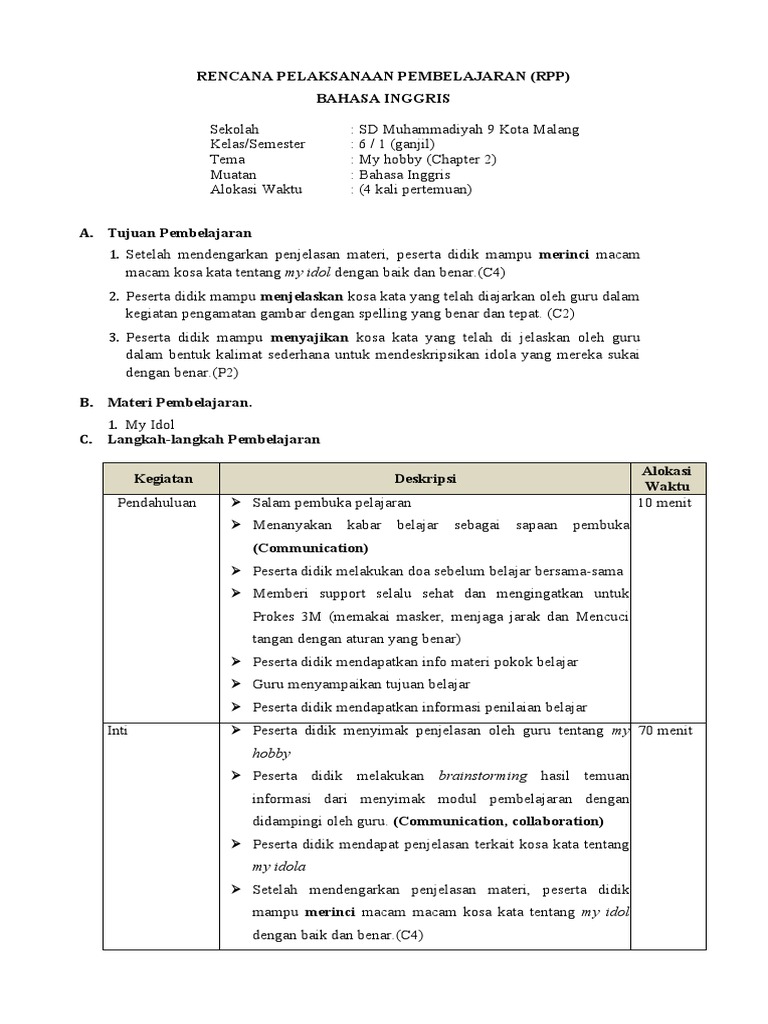 RPP Kelas 6 Chapter 3 My Idol | PDF