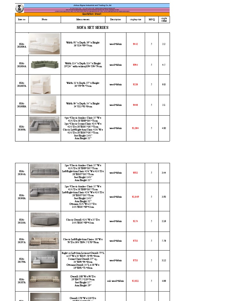 Sofa Set Series: Item No Photo Measurement Description Single Price MOQ Single CBM | PDF