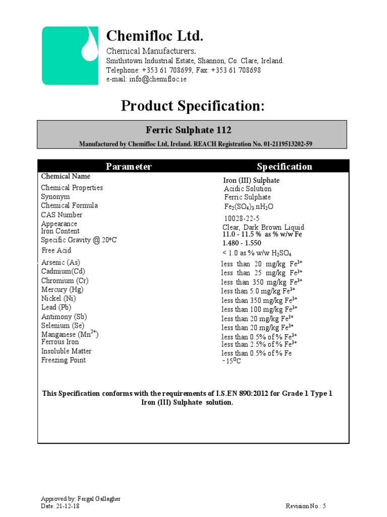 Ferric Sulphate Specification Document | PDF | Chemical Substances | Iron