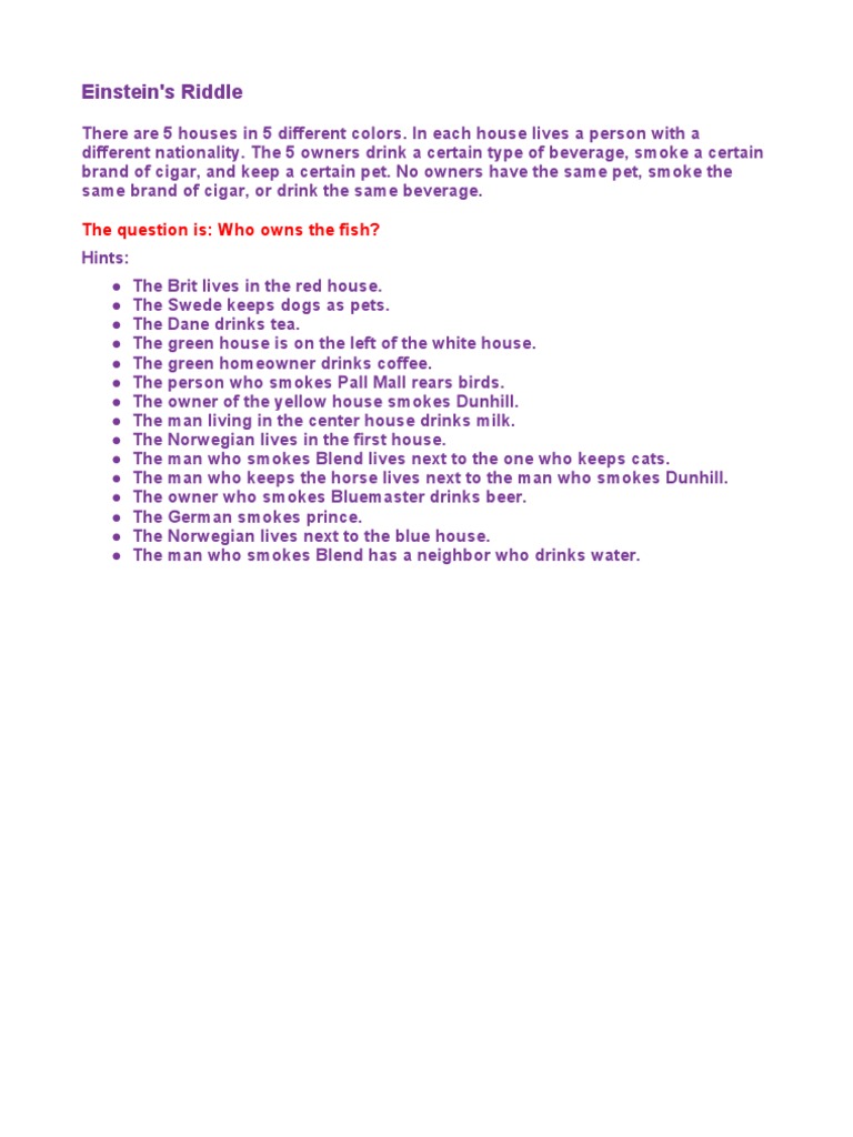 Who Owns the Fish? Einstein's Riddle | PDF