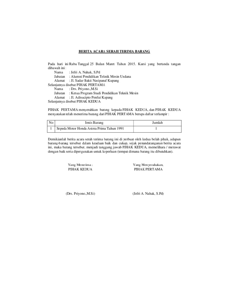 Berita Acara Penyerahan Barang | PDF