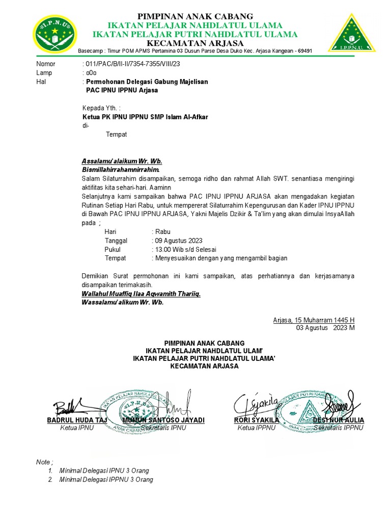 Surat Permohonan Gabung Majelisan SMPI Al-Afkar | PDF